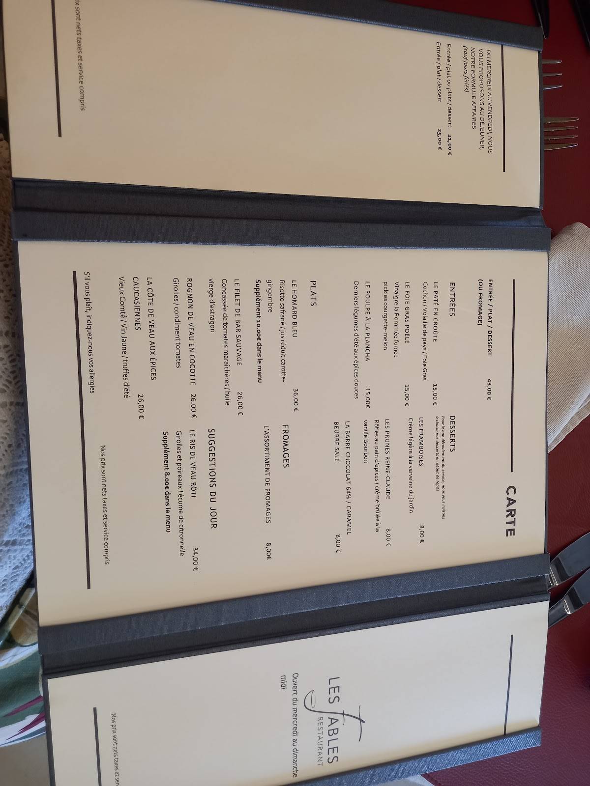 Menu au Les Fables restaurant, Fontaines