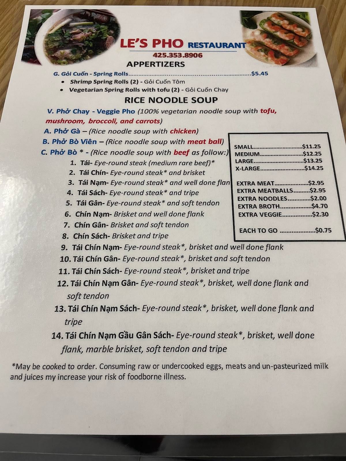 Menu at Le’s Pho Restaurant, Everett