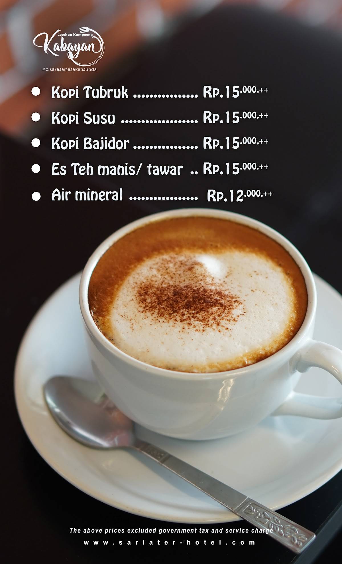 Menu at Lesehan Kampoeng Kabayan restaurant, Ciater
