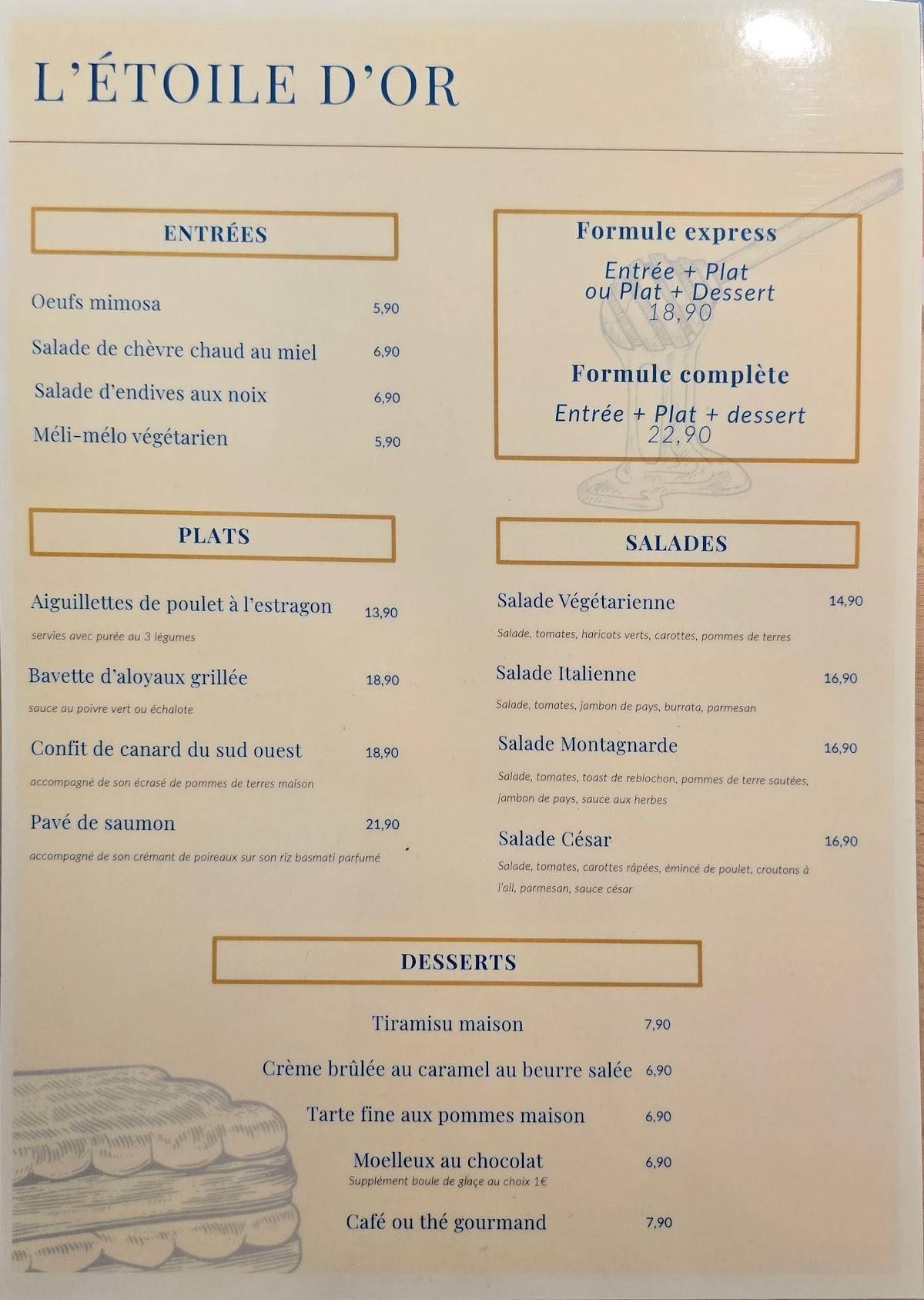 Menu au L'étoile d'or restaurant, Trappes