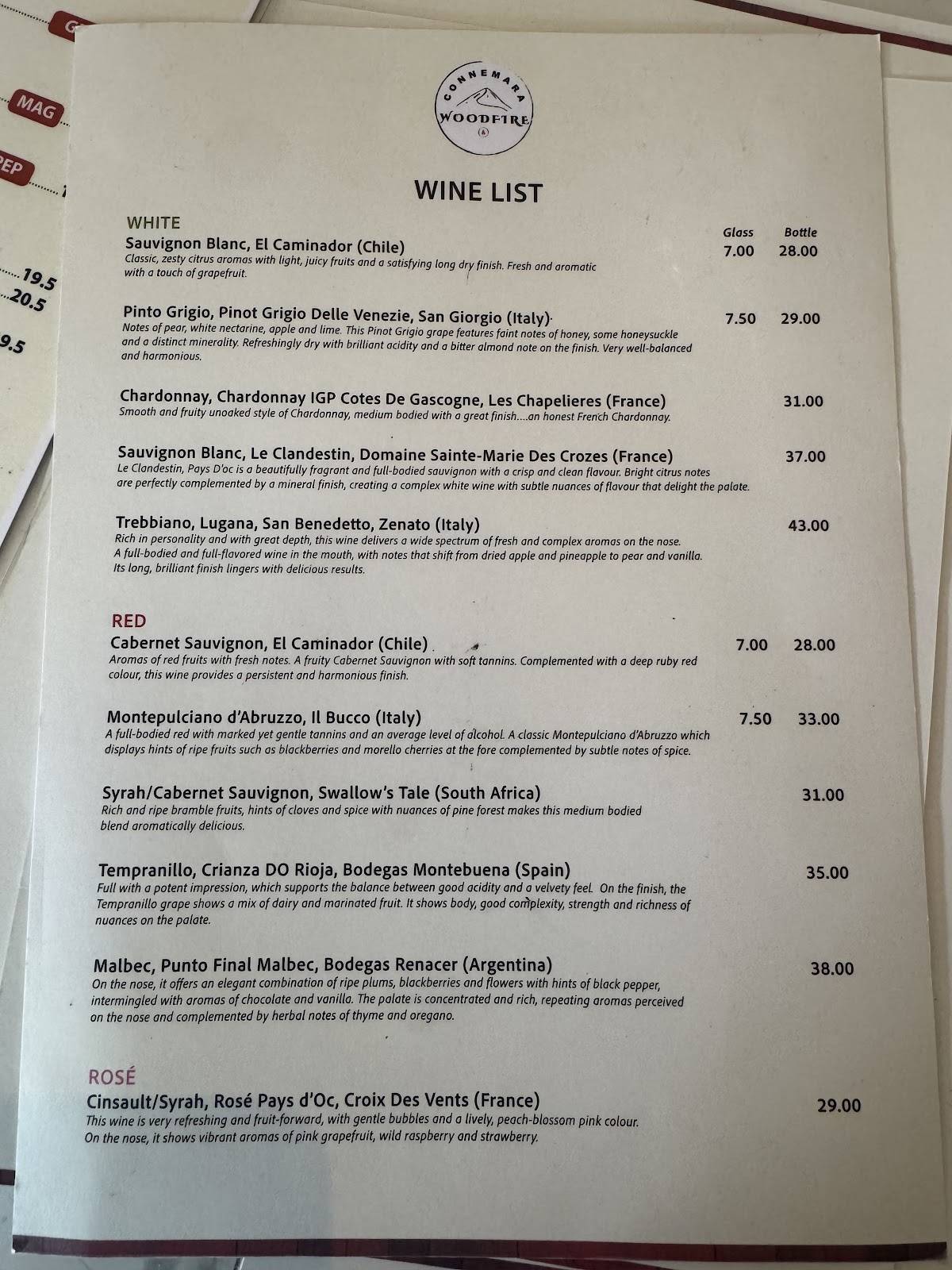 Menu at Connemara Woodfire restaurant, Letterfrack