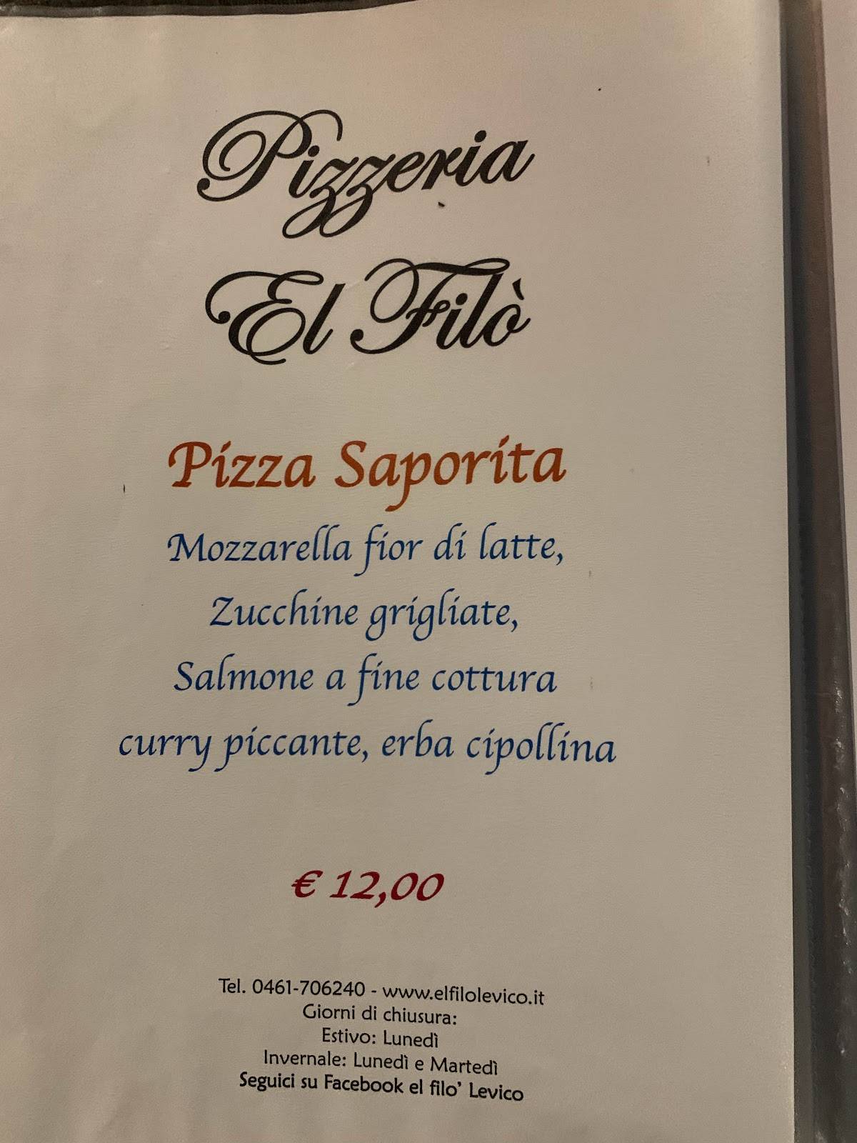 Menu da Pizzeria El Filo', Levico Terme