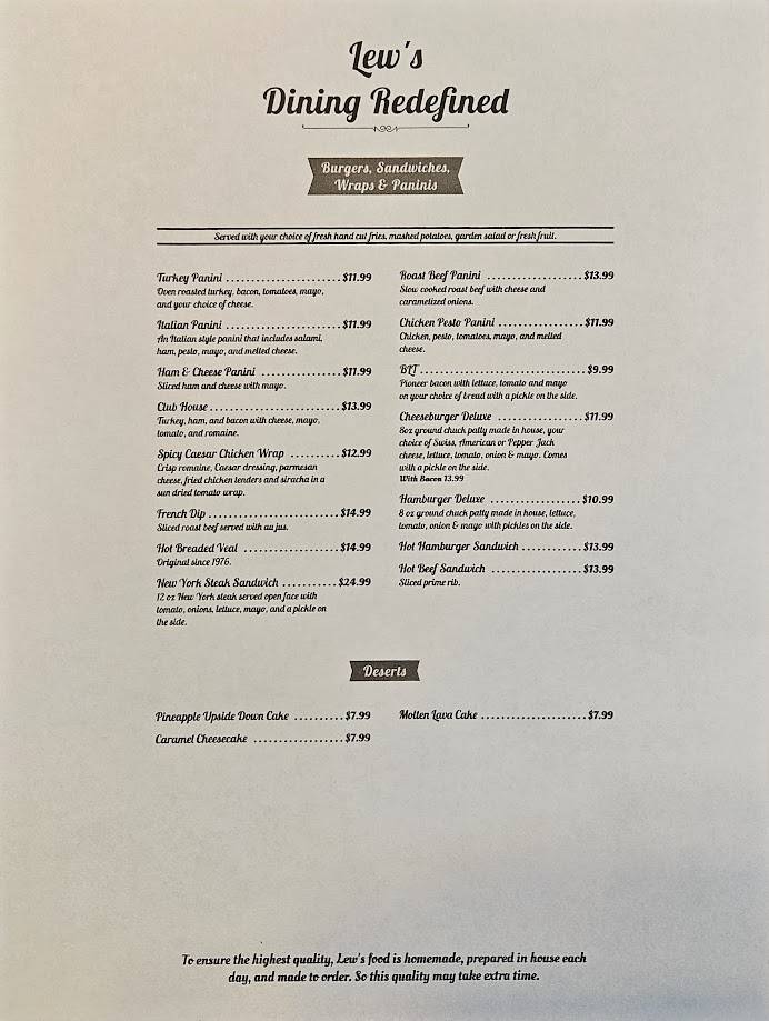 Menu at Lew's Dining Redefined pub & bar, Rock Springs