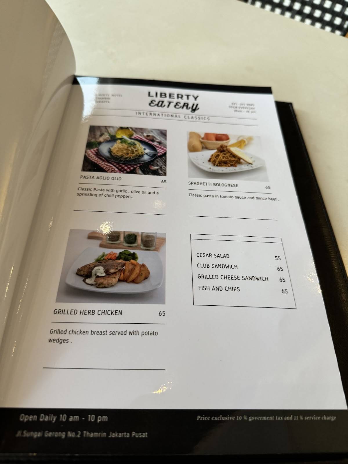 Menu at Liberty Eatery restaurant, Central Jakarta