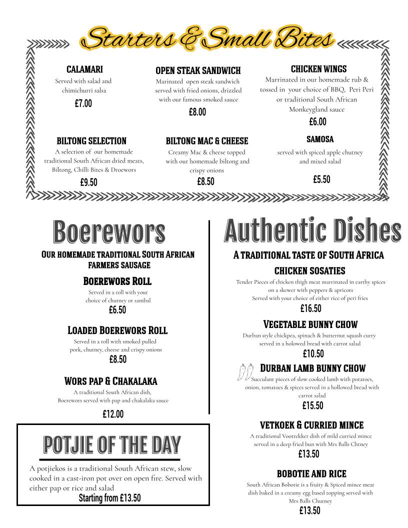 Menu at Fields Biltong Shack/ Inyama restaurant- South African deli ...
