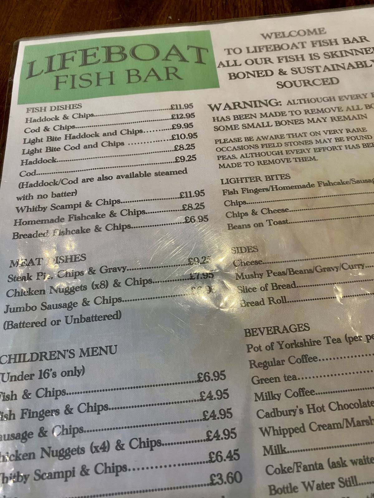 Menu at Lifeboat Fish Bar, Fish and Chip Cafe & Takeaway, Scarborough
