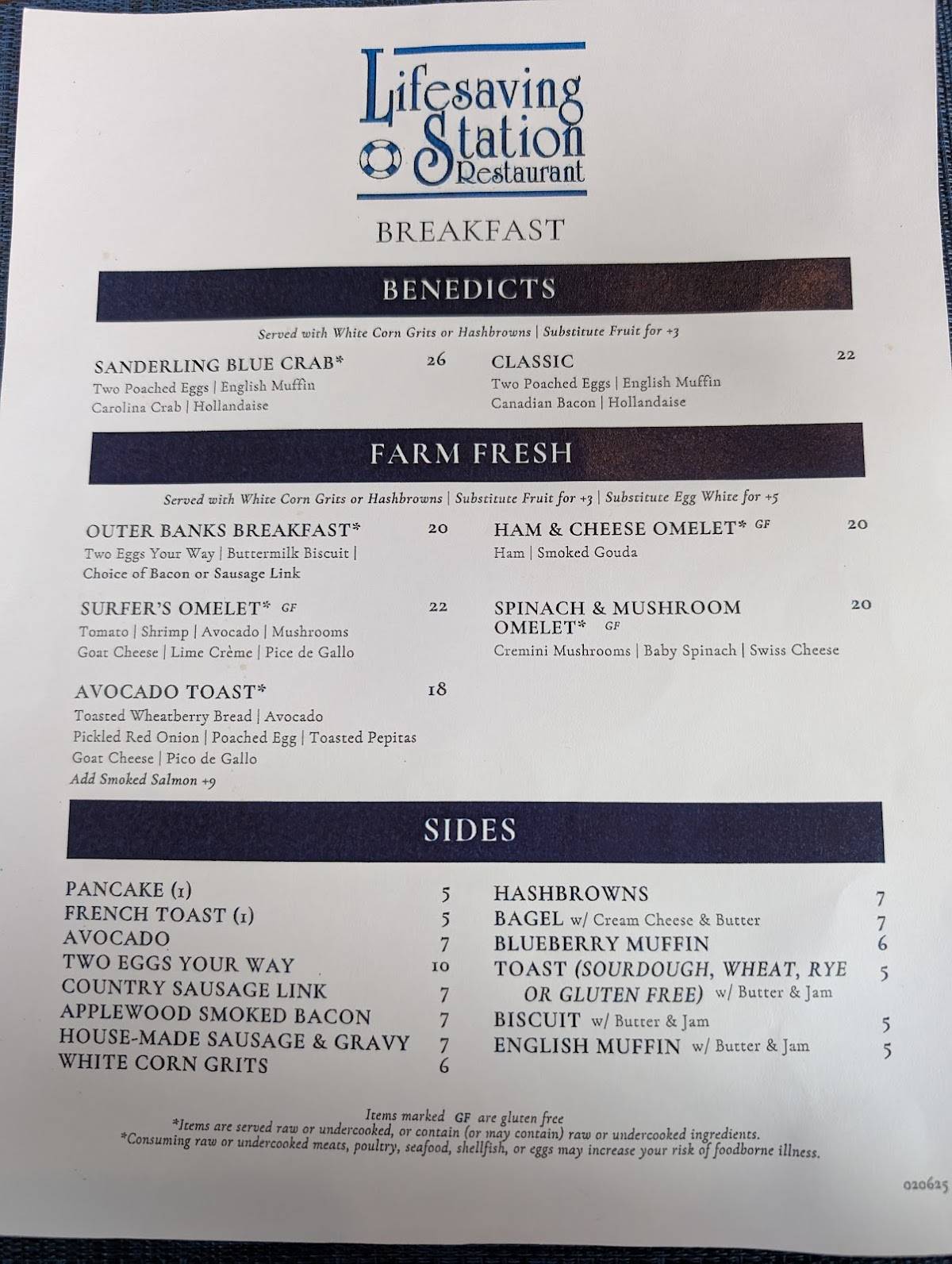 Menu at Lifesaving Station restaurant, Duck