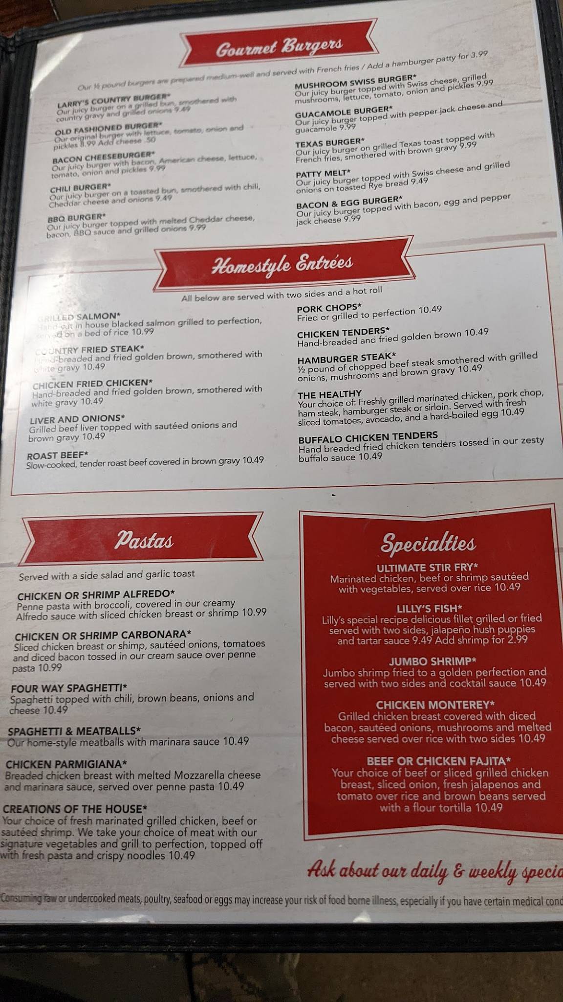 Menu at Lilly's Diner restaurant, Tulsa