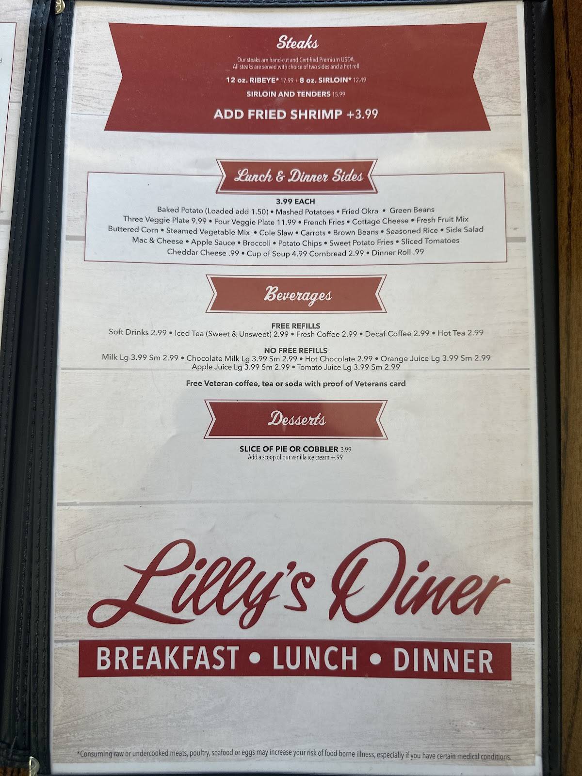 Menu at Lilly’s diner restaurant, Tulsa