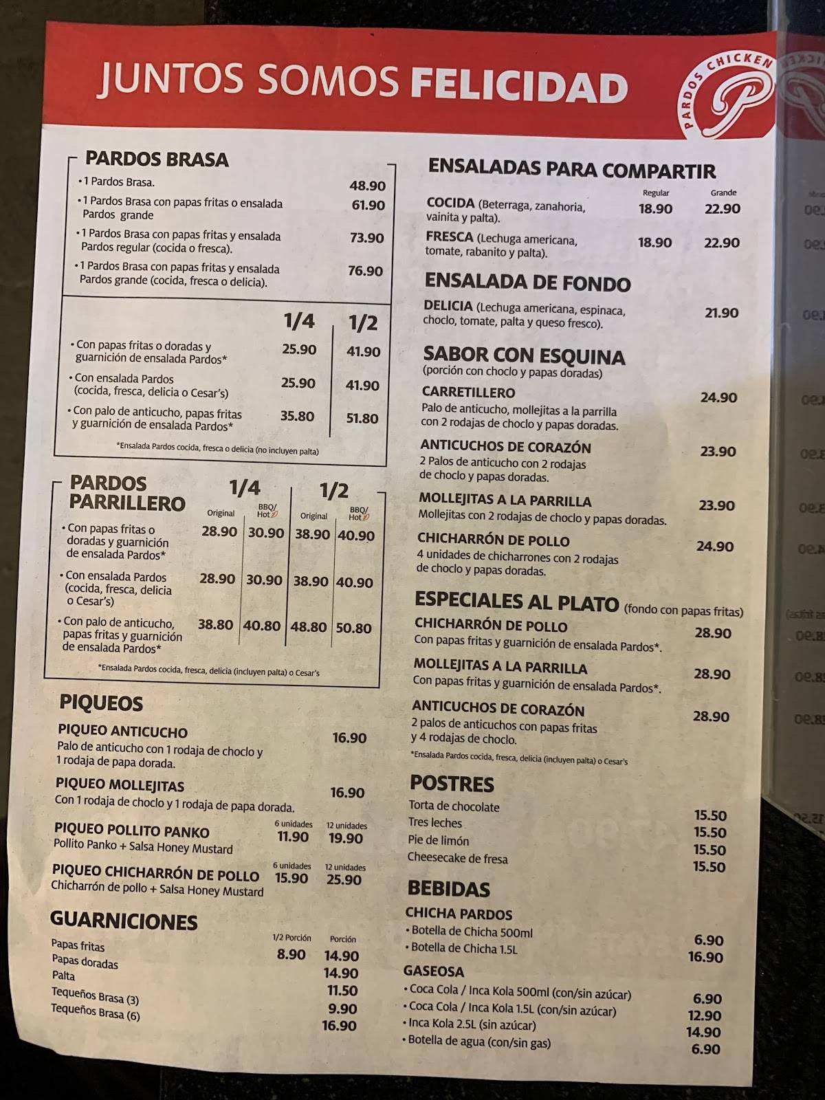 Carta del restaurante Pardos Chicken Surco, Santiago del Surco, Av. El ...