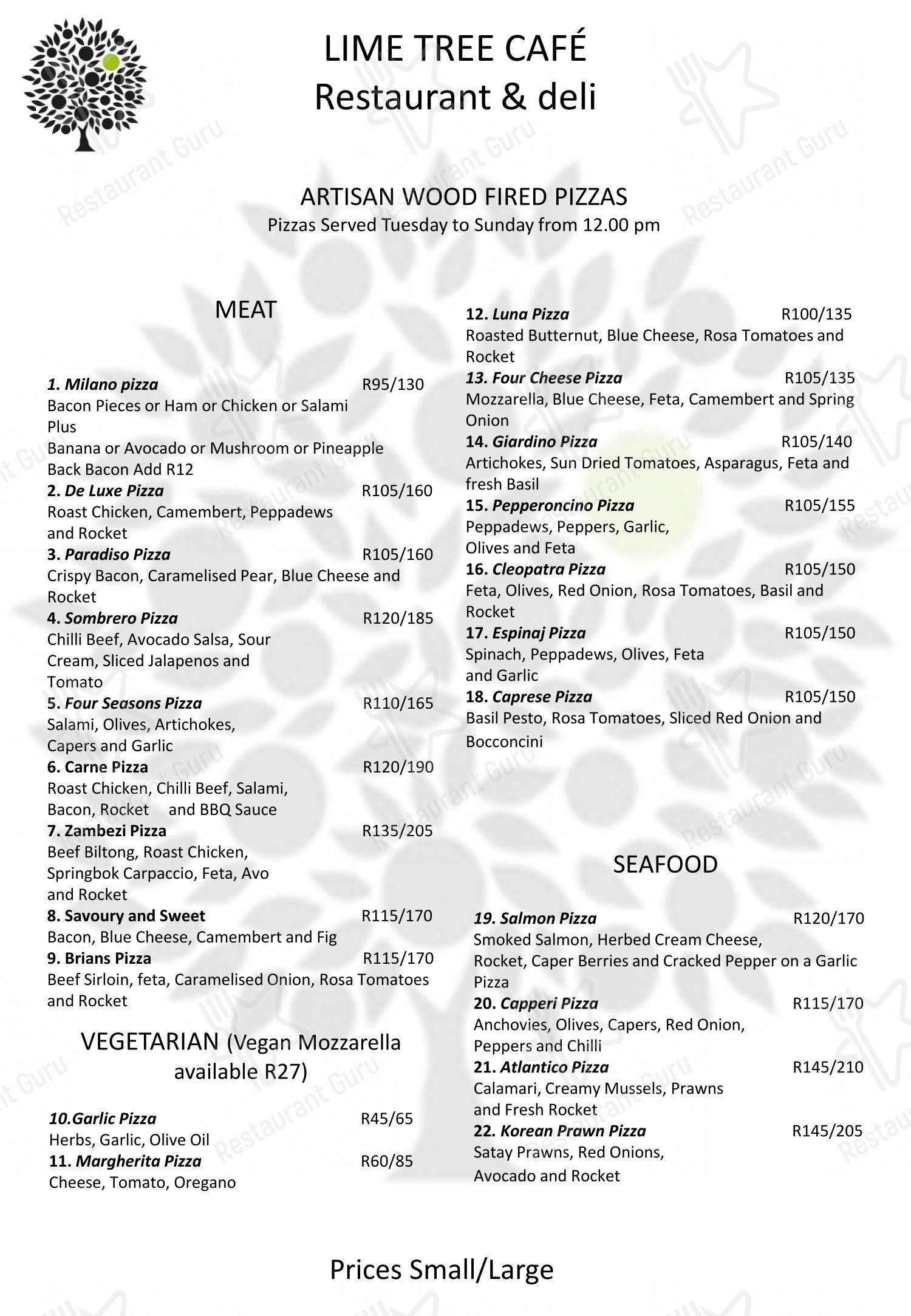 Menu at Lime Tree Cafe, Cape Town