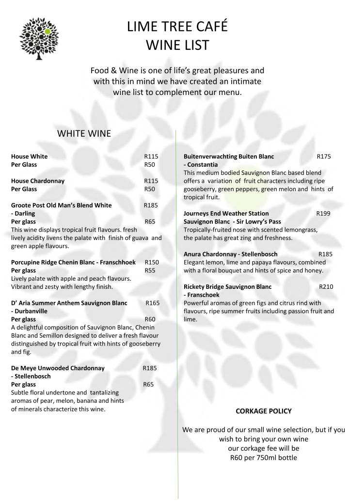 Menu at Lime Tree Cafe, Cape Town