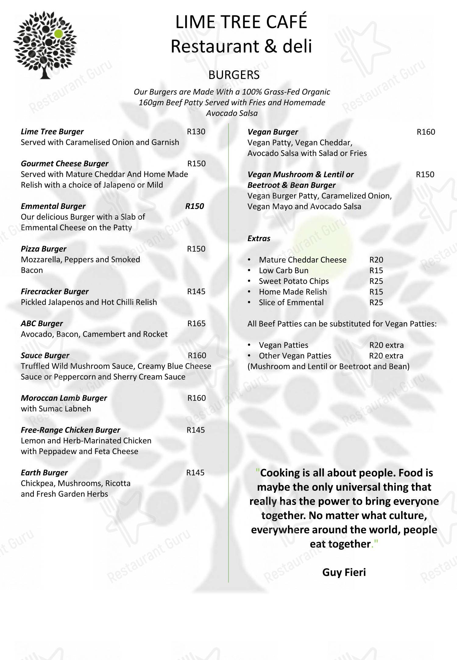 Menu at Lime Tree Cafe, Cape Town