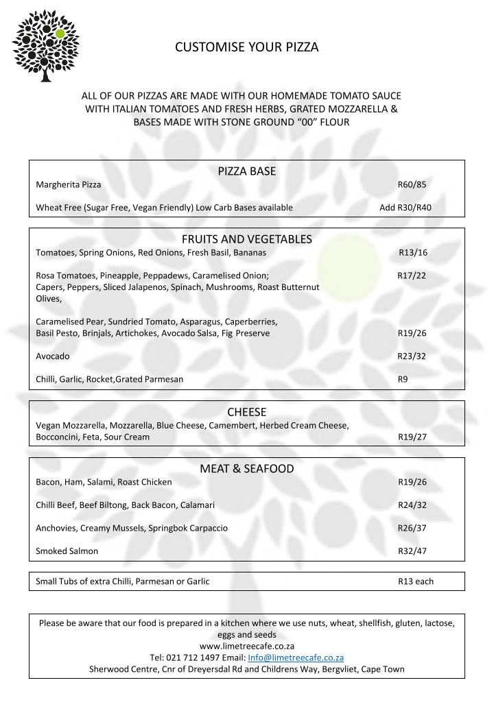 Menu at Lime Tree Cafe, Cape Town