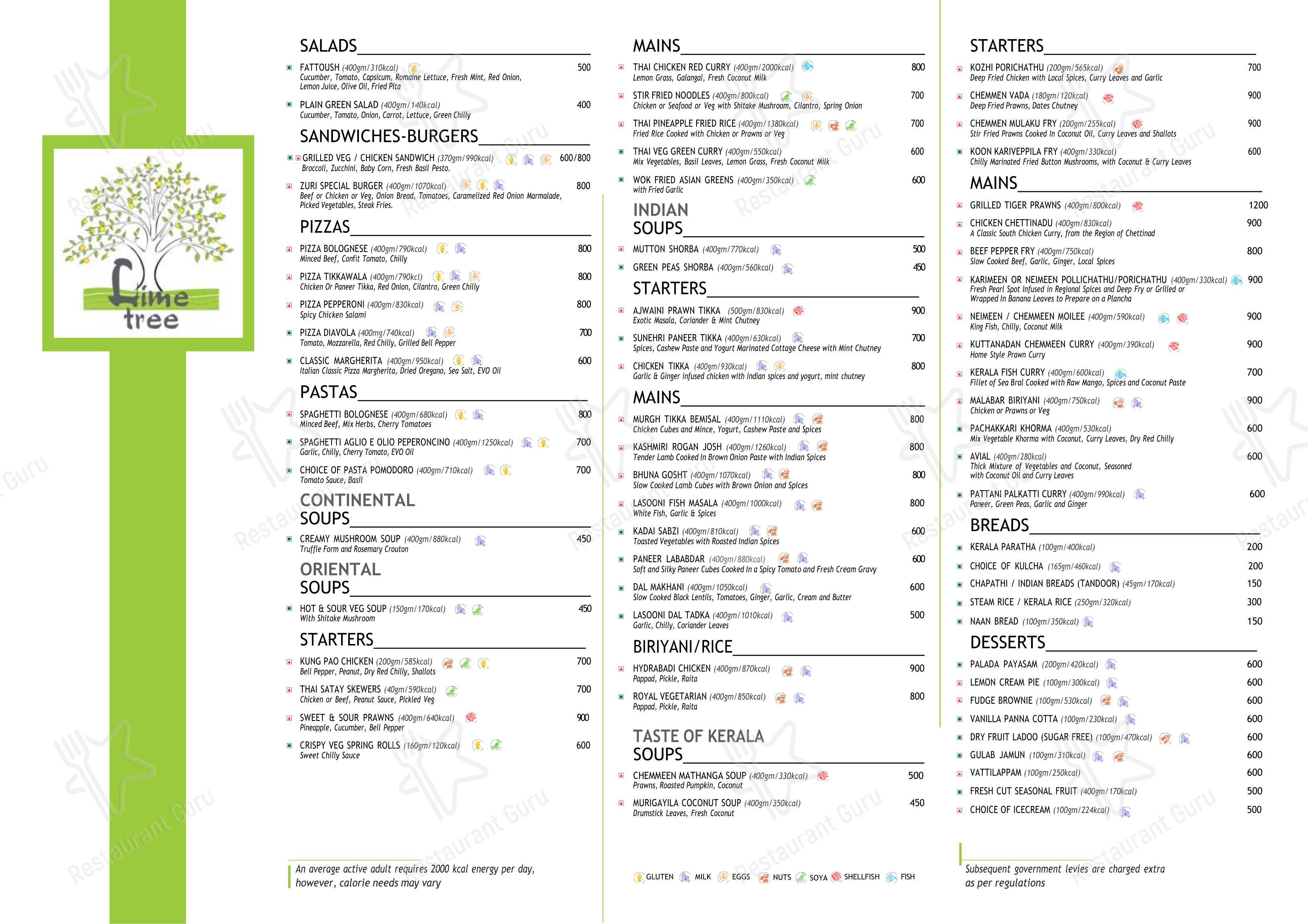 Menu at Lime Tree, Kumarakom, A1 To A54 Karottukayal
