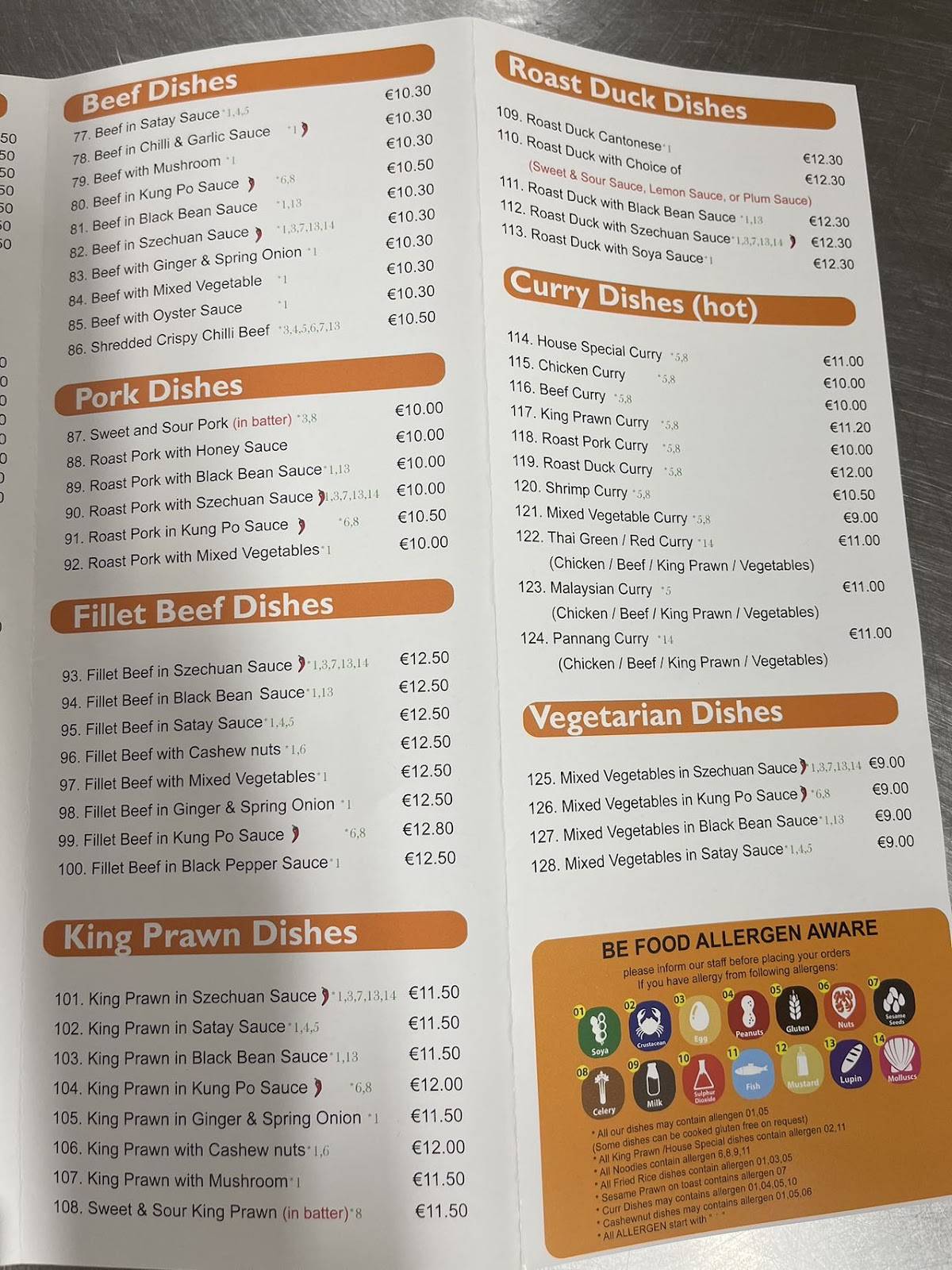 Menu at Kings Palace restaurant, Limerick, Ambassador centre