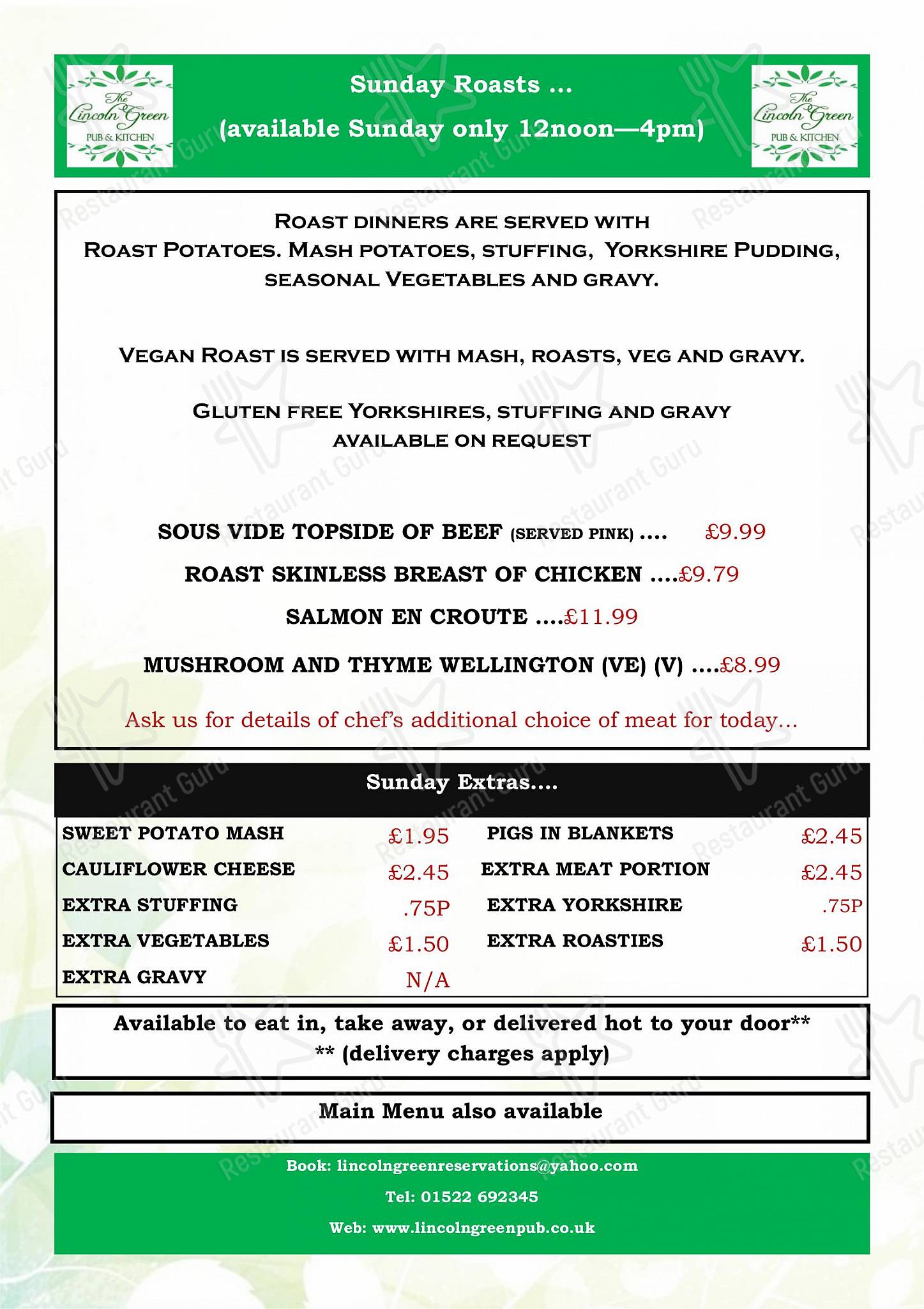 Menu at The Lincoln Green pub & bar, Lincoln