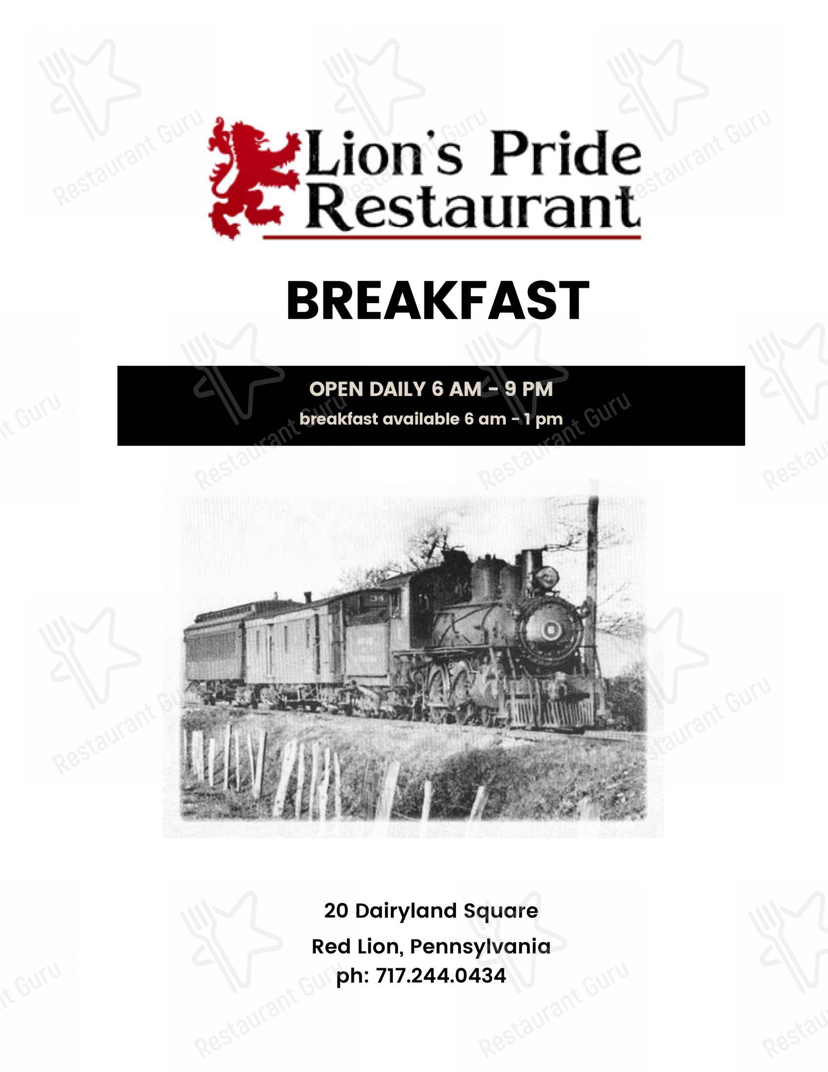 Menu at Lion's Pride Restaurant, Red Lion