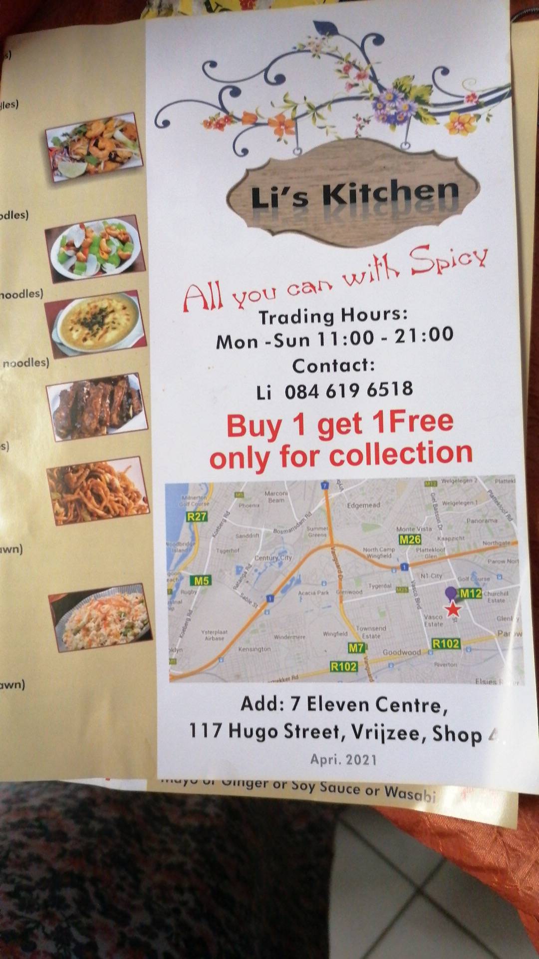 Menu at Li's Kitchen restaurant, Cape Town