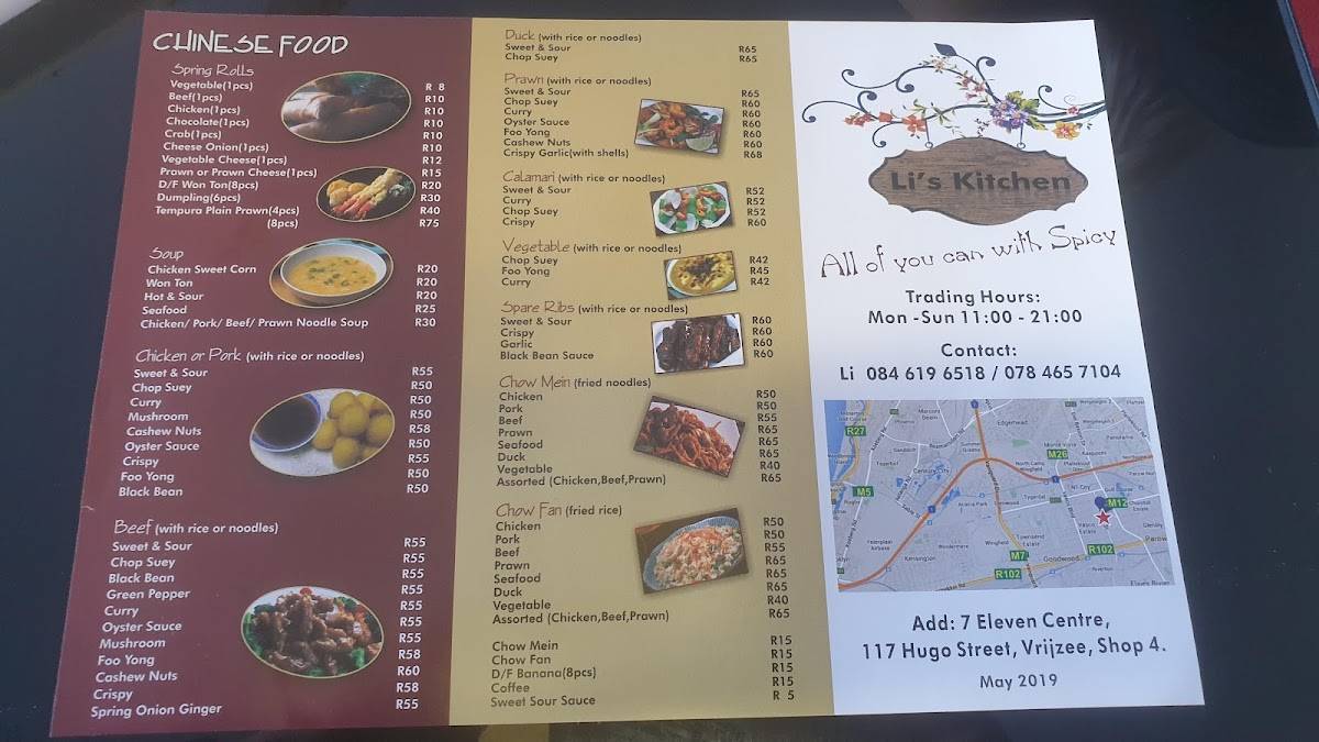 Menu at Li's Kitchen restaurant, Cape Town