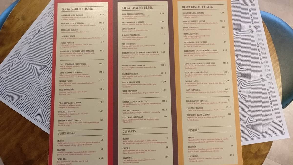 Menu at Barra Cascabel, Lisbon