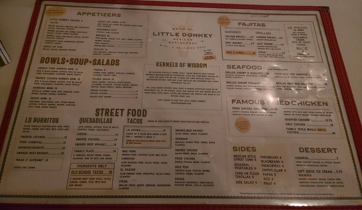 Menu at Little Donkey Méxican Restaurant Homewood, Homewood