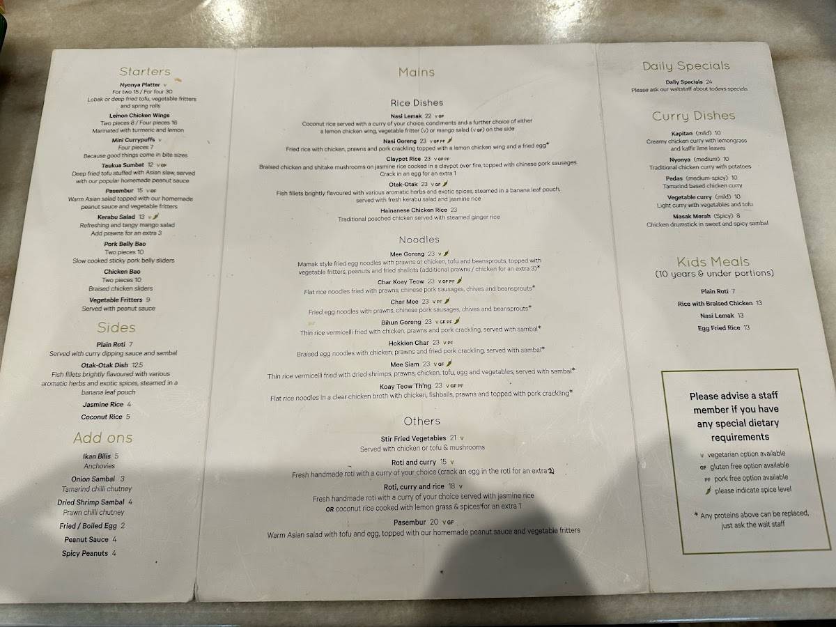 Menu at Little Penang restaurant, Wellington, 179 Victoria St