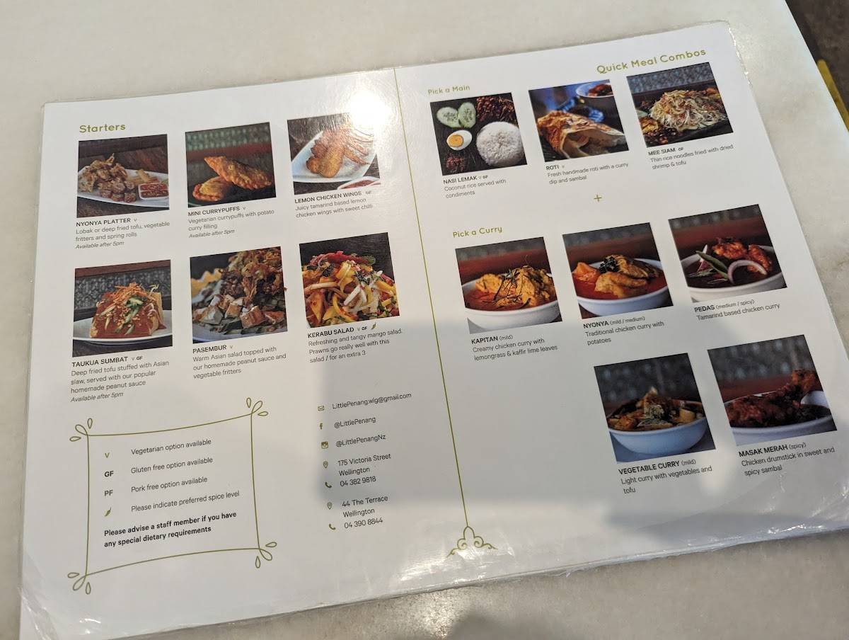 Menu at Little Penang restaurant, Wellington, 179 Victoria St