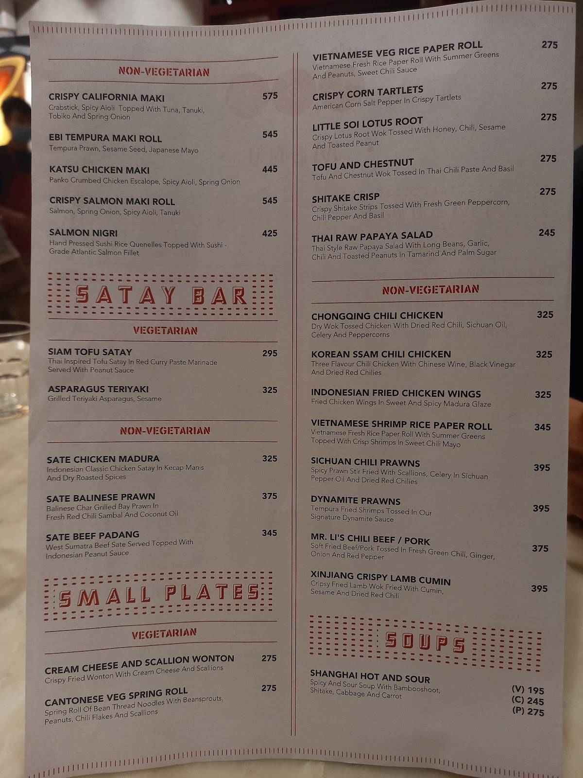 Menu at Little Soi, Chennai