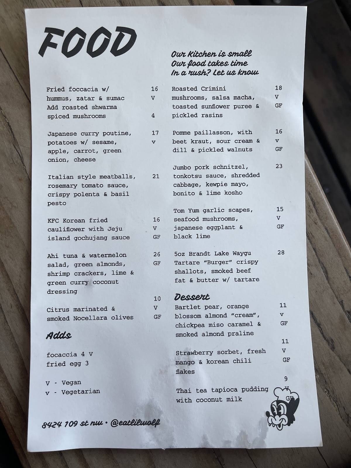 Menu at Little Wolf Restaurant, Edmonton