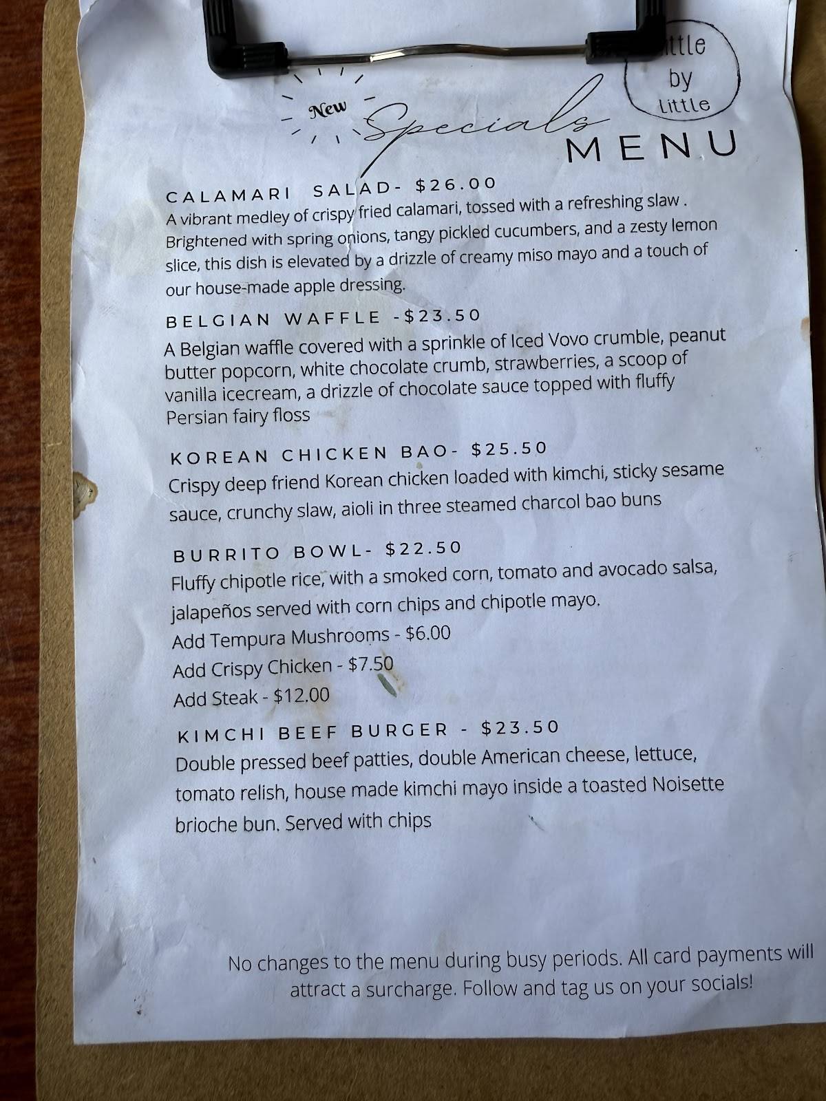 Menu at Little by Little Cafe, Berwick
