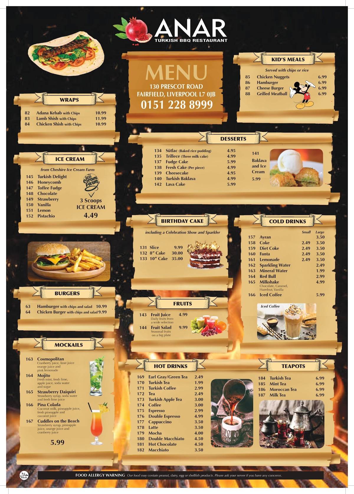Menu at Anar Turkish BBQ Restaurant, Liverpool