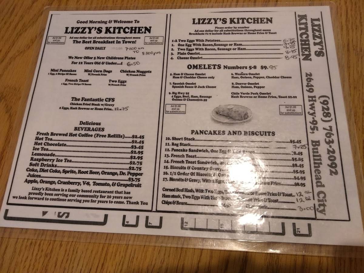 Menu at Lizzy's Kitchen restaurant, Bullhead City, AZ-95