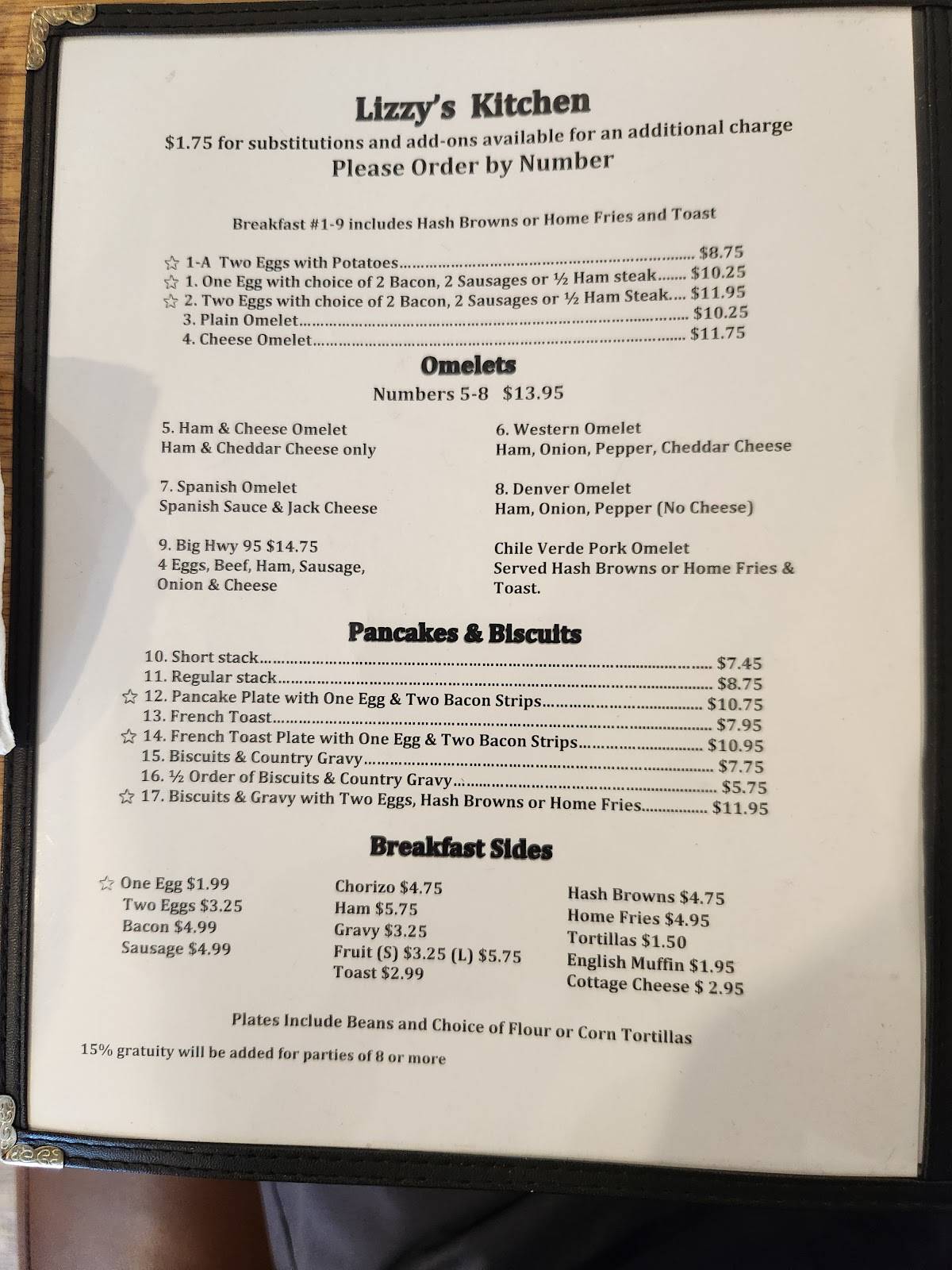 Menu at Lizzy's Kitchen restaurant, Bullhead City, AZ-95