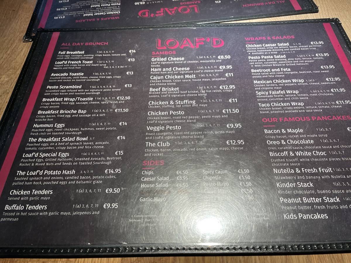 Menu at Loaf'd restaurant, Swords