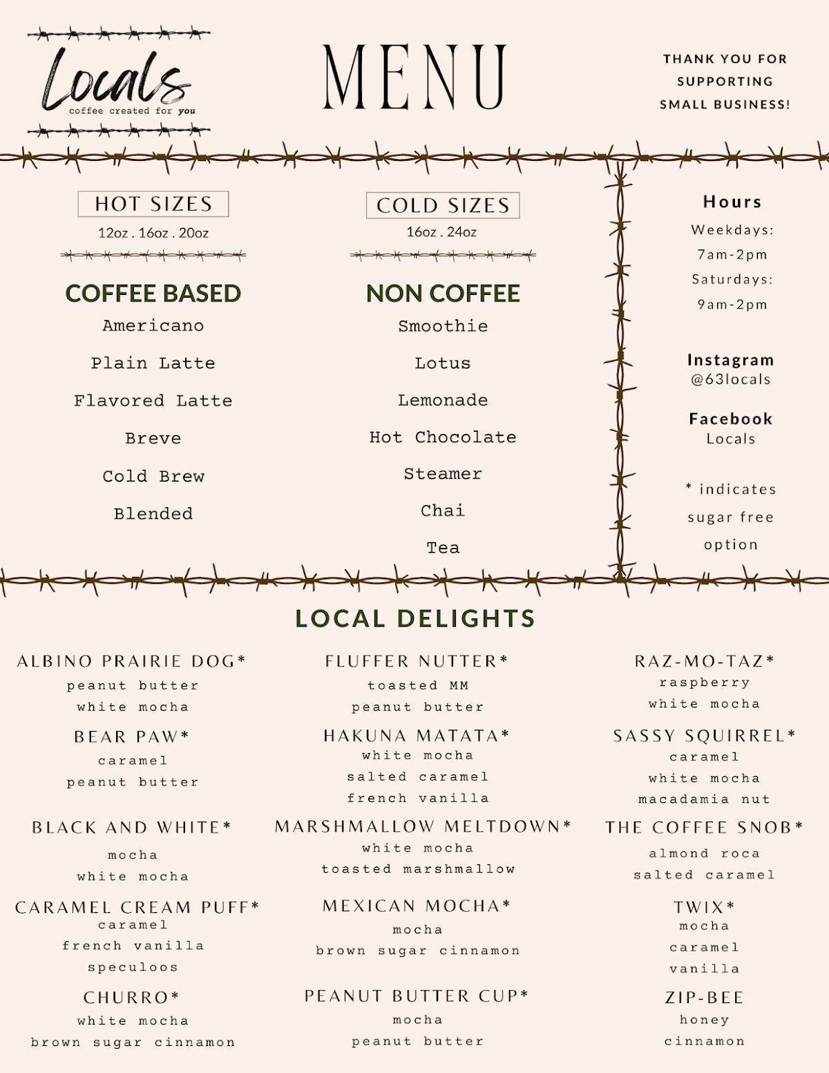 Menu at Locals, Spencer