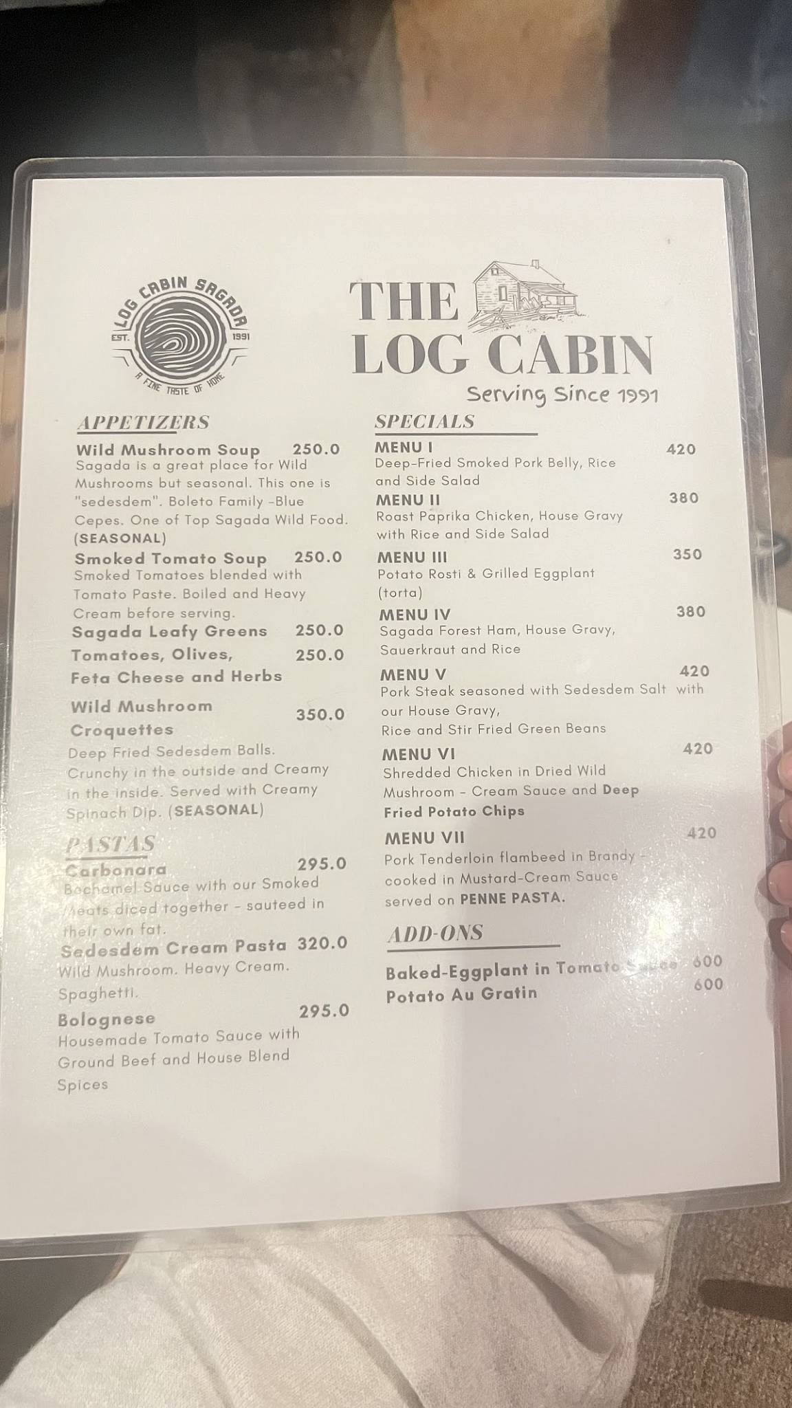 Menu at Log Cabin Sagada restaurant, Sagada, Sagada - Besao Rd