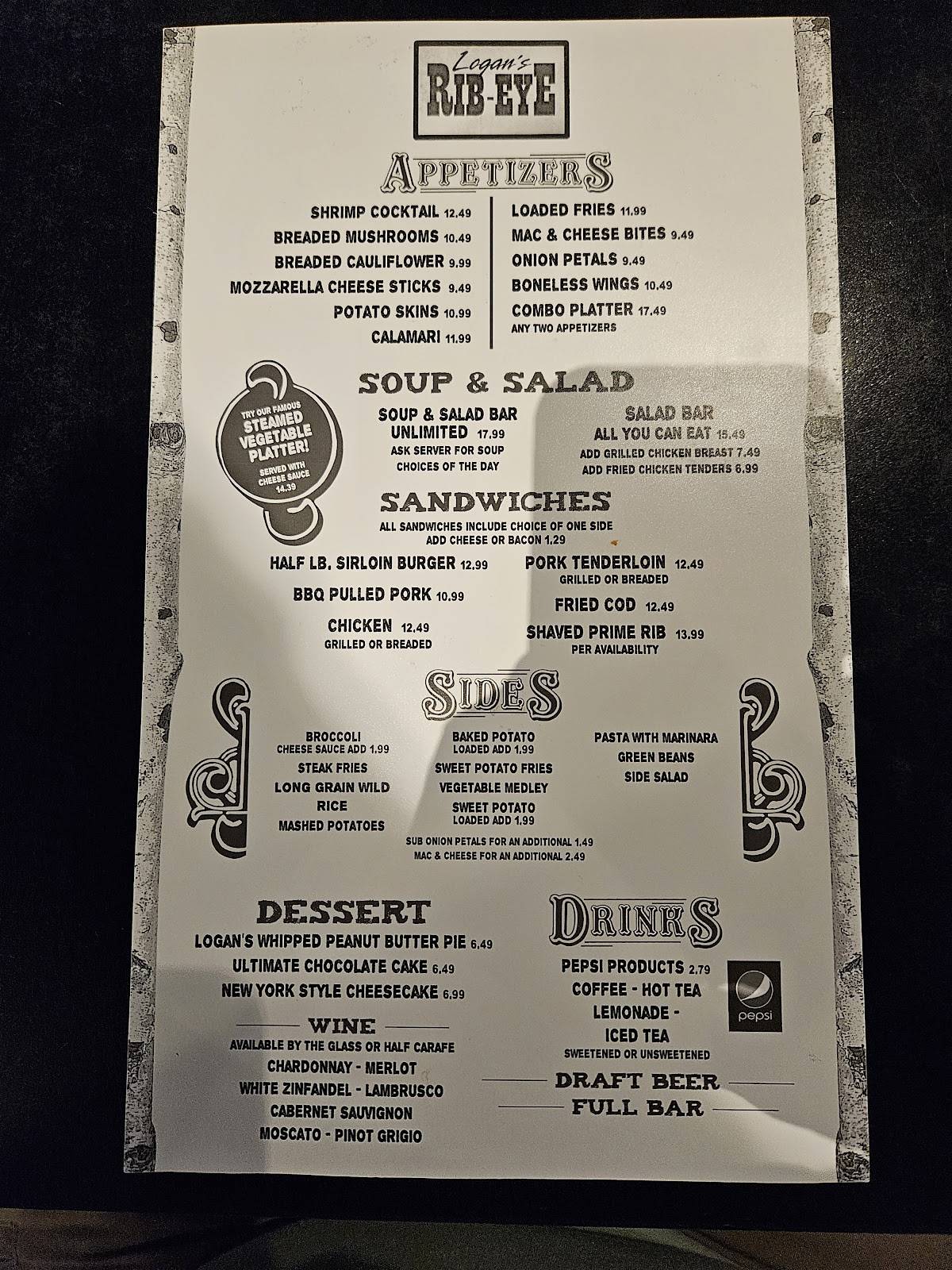 Menu at Logan's Rib-Eye steakhouse, Terre Haute