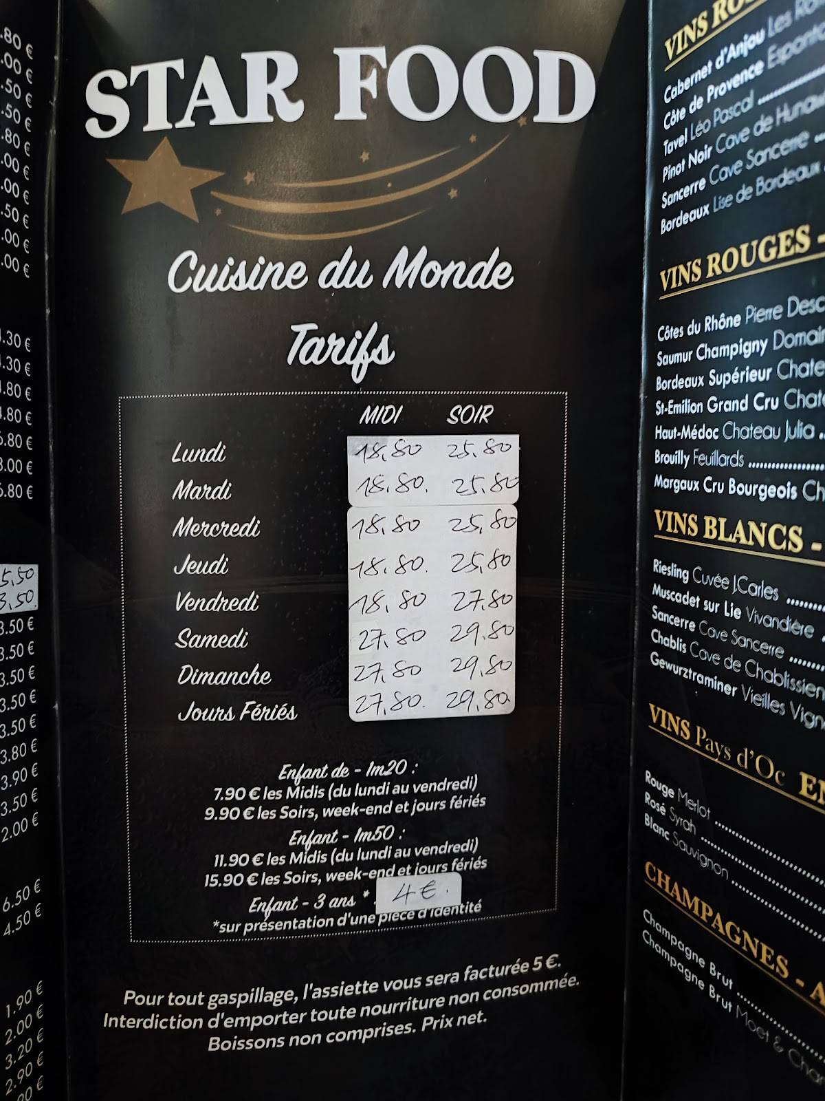 Menu au Star Food restaurant, Lognes