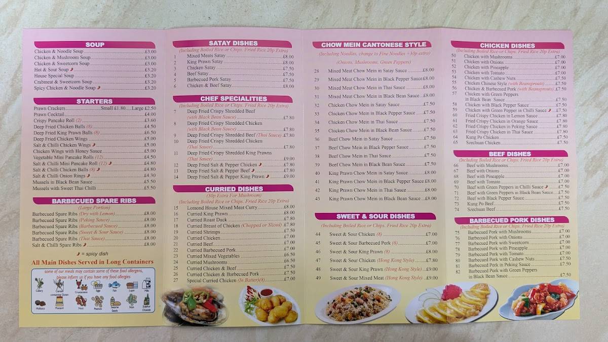 Menu at Lomond House restaurant, Glasgow