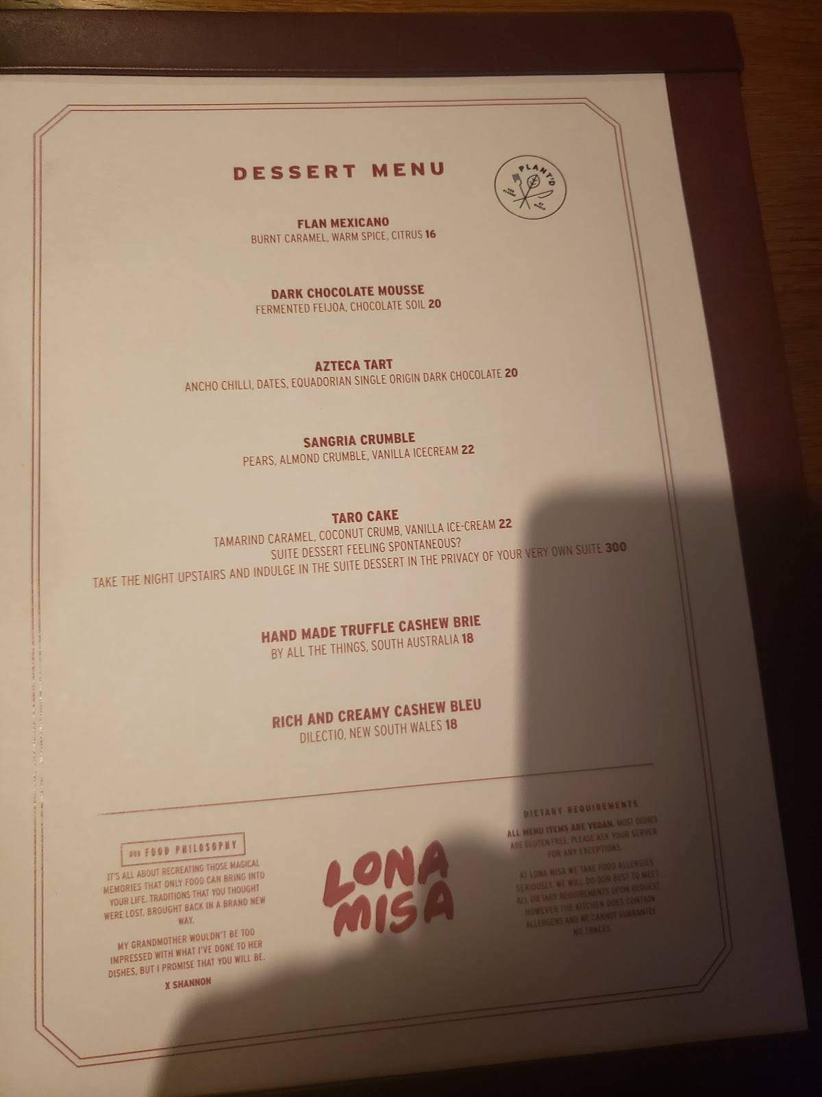 Menu at Lona Misa restaurant, South Yarra