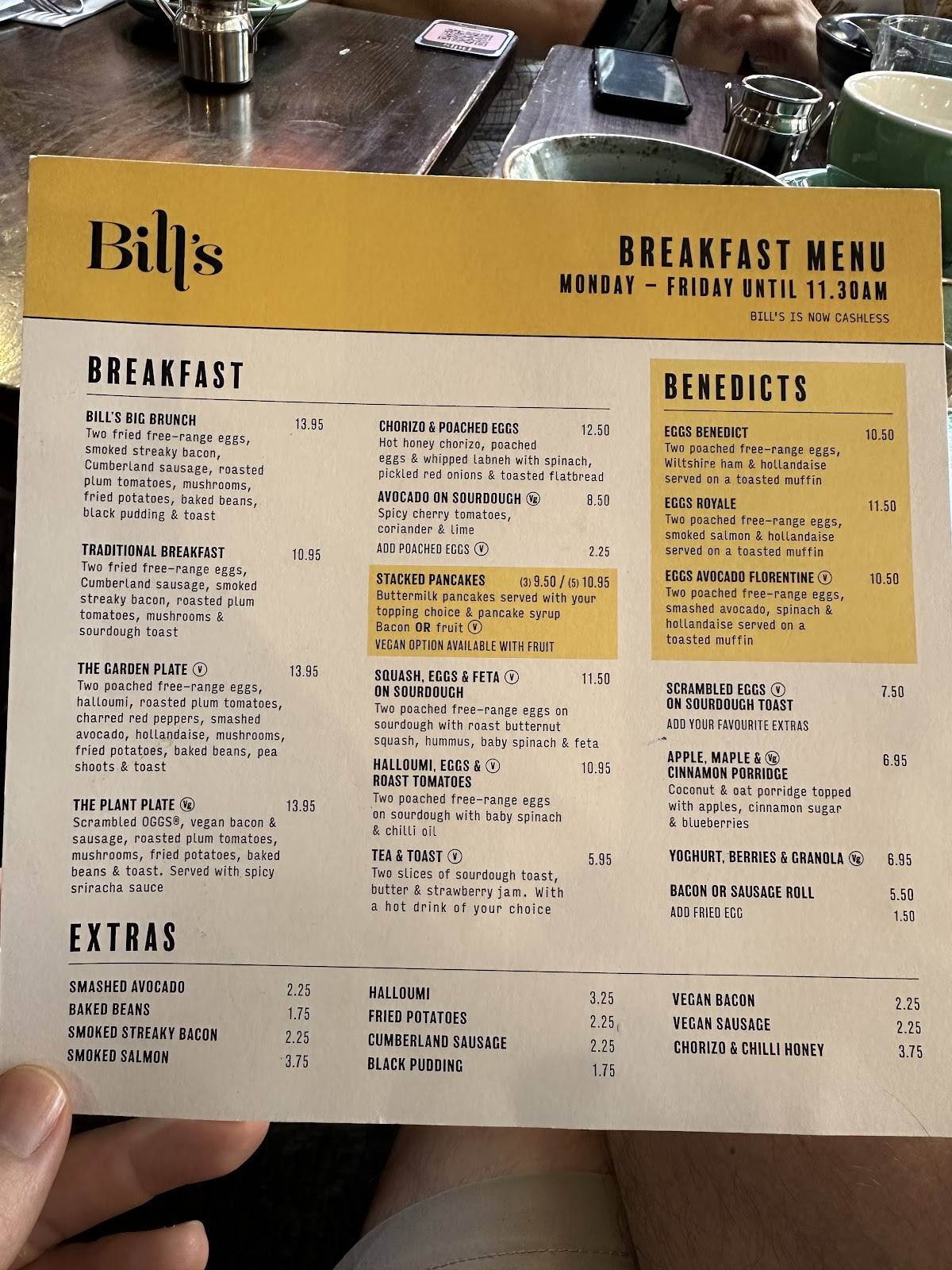Menu at Bill’s restaurant, London, Victor Wharf