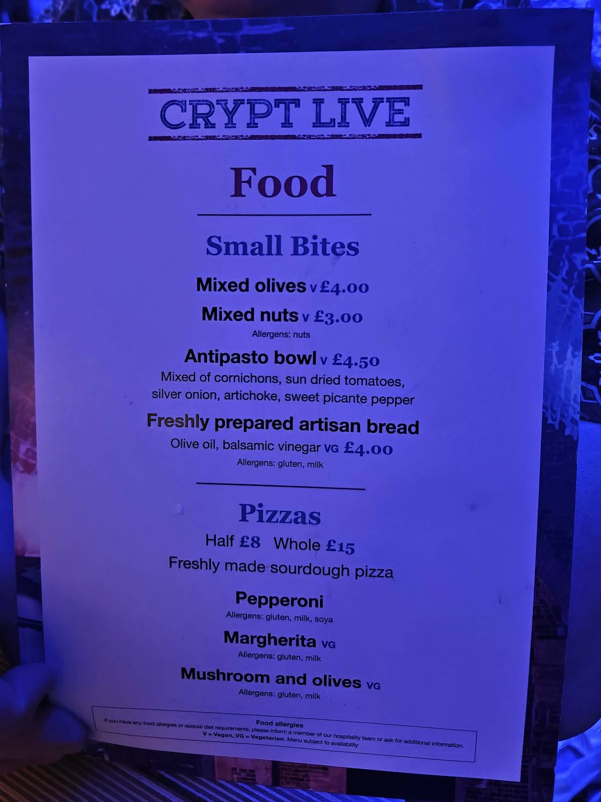 Menu at Café in the Crypt cafe, London, Trafalgar Sq
