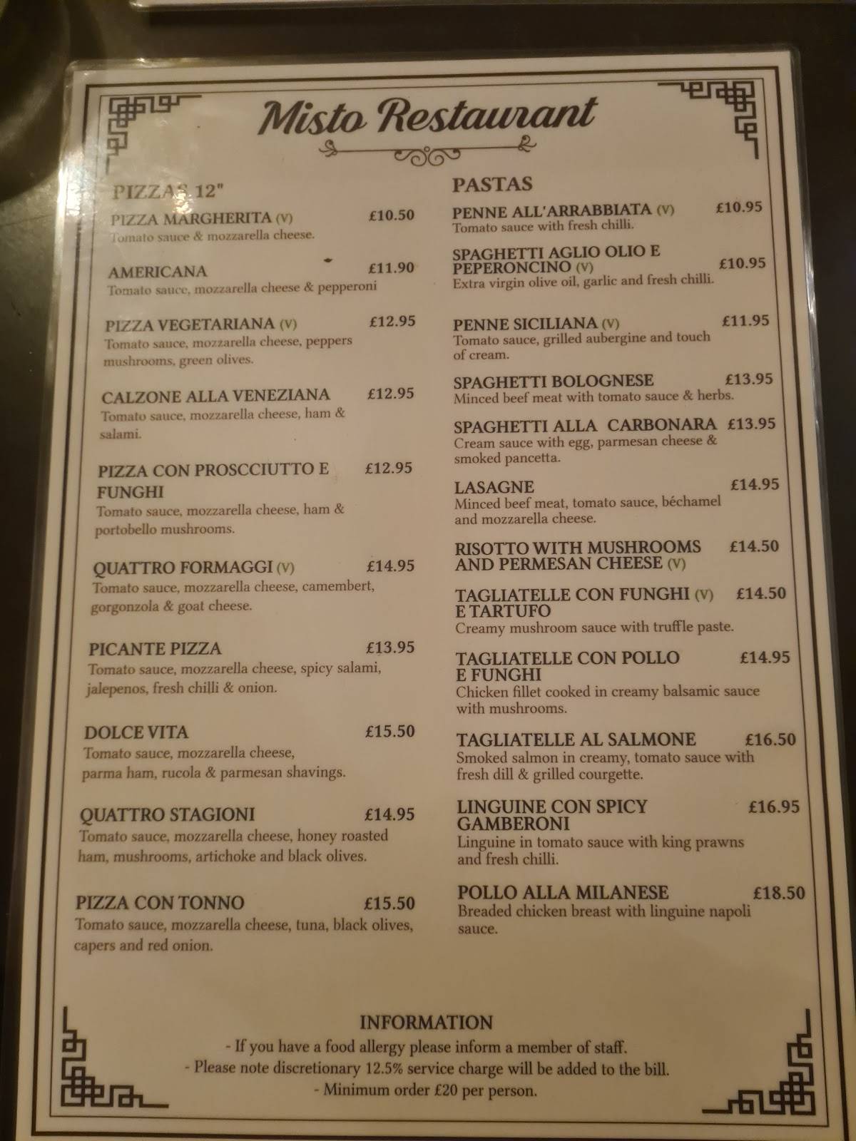 Menu at Misto restaurant, London, 7 Shepherd Market