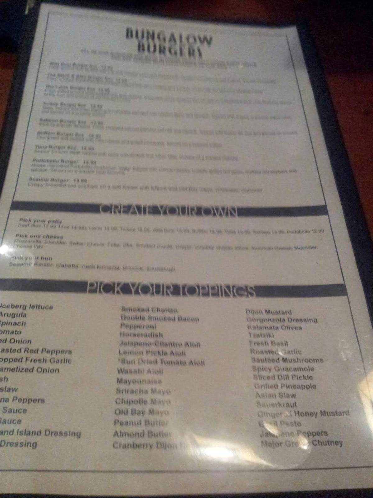 Menu at The Bungalow restaurant, London