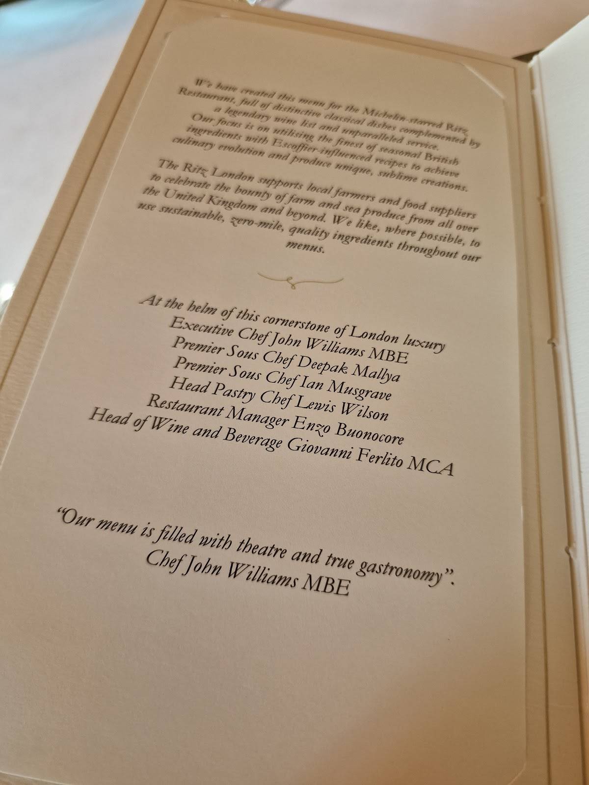 Menu at The Ritz restaurant, London