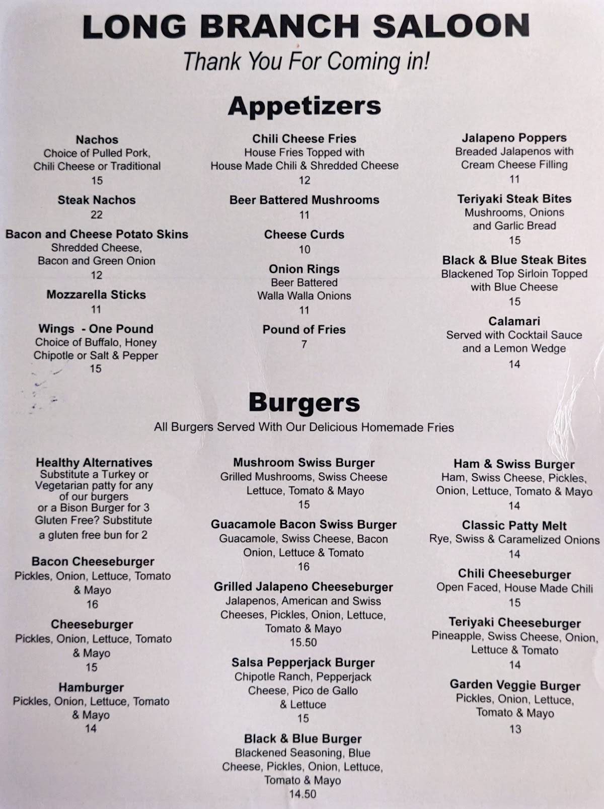 Menu at Long Branch Saloon pub & bar, Anchorage, E Dimond Blvd