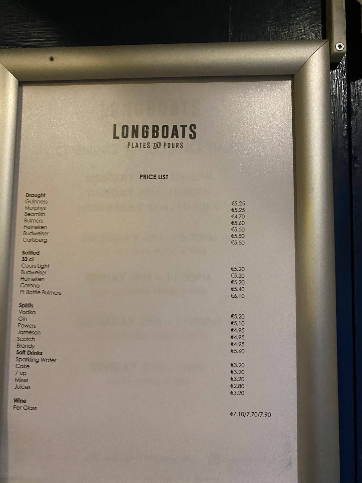 Menu at Longboats pub & bar, Cork