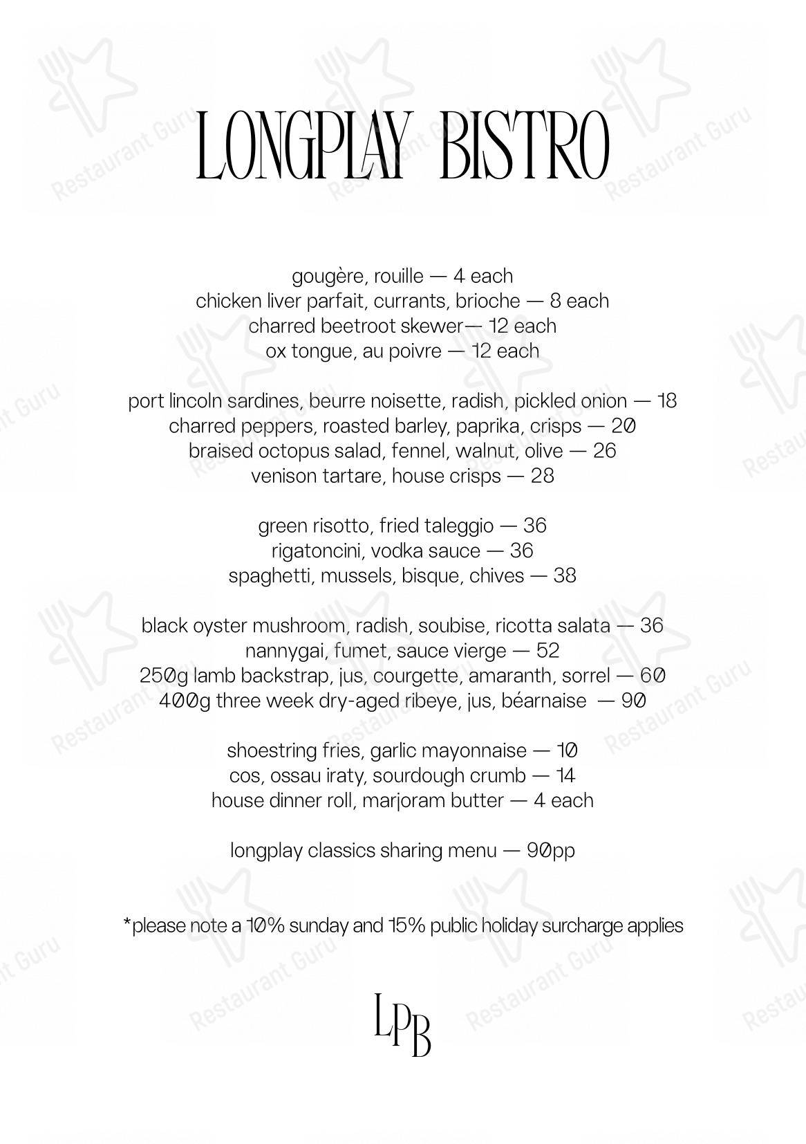 Menu at Longplay Bistro restaurant, Adelaide