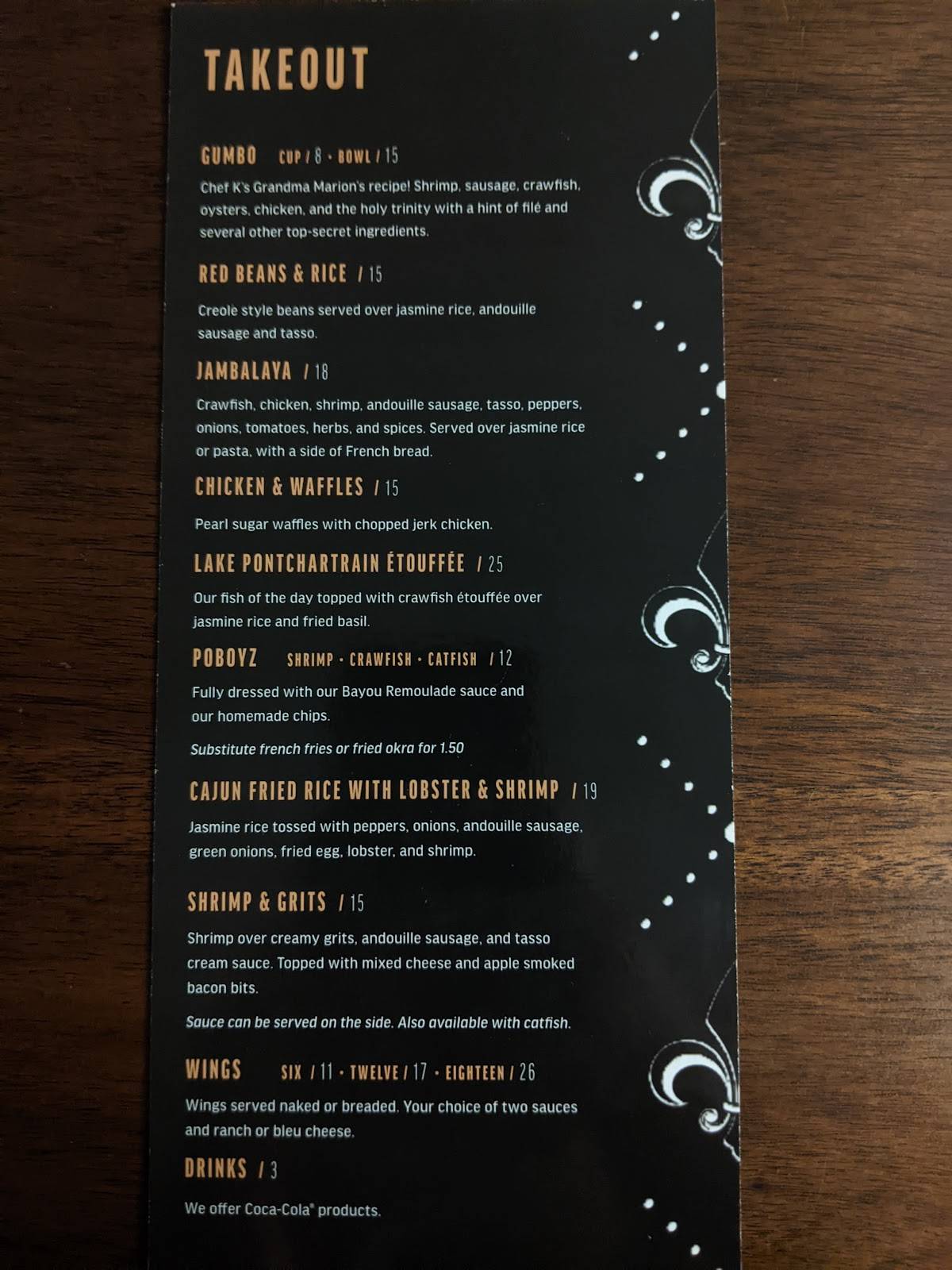 Menu at The Bayou Kitchen & Lounge restaurant, Longwood